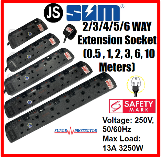 2/3/4/5/6 Gang Extension Socket with Singapore Safety Mark (0.5, 1, 2 ...